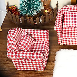 Dollhouse Couch with Pillow 1 12 Scale Miniature Sofa Arm Chair Living Room Furniture Wooden Fabric Frame Single Reading Chair Artificial House Room Scene Decoration (Plaid)
