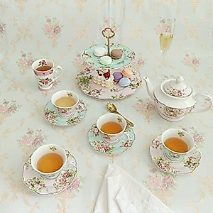 PULCHRITUDIE Pink Azalea Porcelain Two-Tier Cake Stand Cake Plate, 9.5"