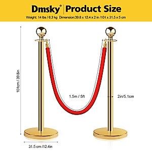 Stainless Steel Stanchion Post Queue 5 ft Red Velvet Rope Red Carpet Ropes and Poles Crowd Control Barriers Sand Injection Hollow Base and Velvet Ropes Set for Party Supplies (4 Pieces, Gold)