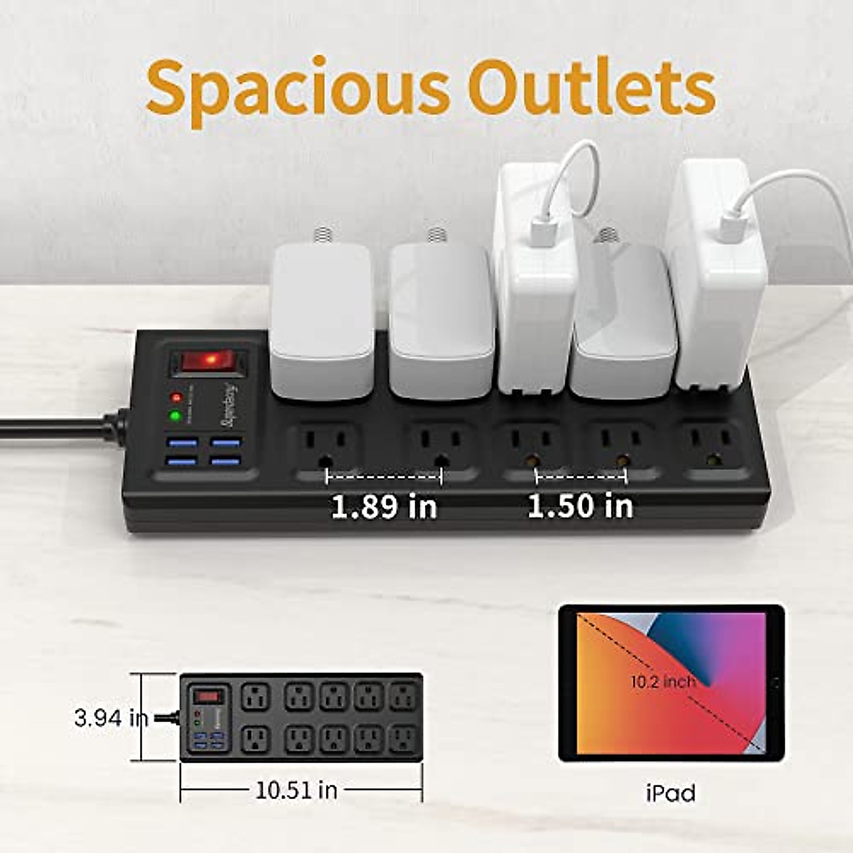 Power Strip Surge Protector, SUPERDANNY 10 Wide Outlets with 4 USB Charging Ports,1875W/15A, Flat Plug,2800 Joules Surge Protection with 5 Ft Extension Cord for Home,Office, Black
