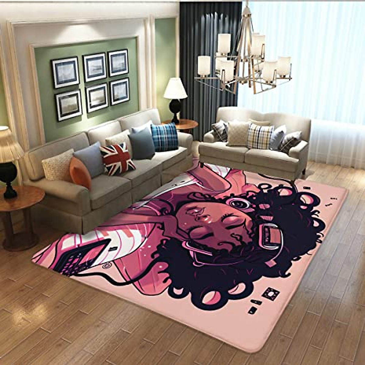 African American Black Girl Area Rug,Magic Girl Cartoon Rug for Teen Girls' Room,Non-Slip Area Carpet,Perfect for Bedroom Decor 36x24in