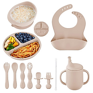 Baby Led Weaning Supplies, 11-Piece Silicone Baby Feeding Set Baby Plates and Utensils Set Infant Feeding Set Suction Plates and Suction Bowls For 6+ Months Toddler (Beige)