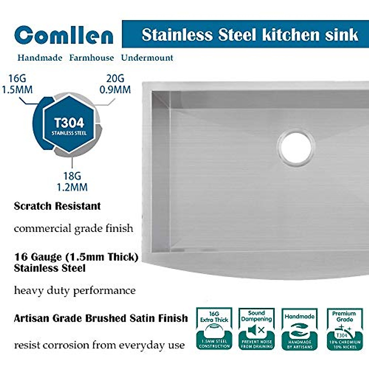Comllen Commercial 33 Inch 304 Stainless Steel Farmhouse Sink, Single Bowl Kitchen Sink 16 Gauge 9 Inch Deep Handmade Undermount Kitchen Apron Sink Farm Sink