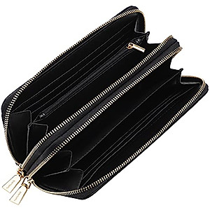 B BRENTANO Vegan Leather Double Zipper Pocket Wallet with Grip Hand Strap (Chevron Embroidered Black)