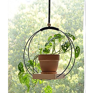 Dravmola Plant Hanger with Wood Base - Boho Macrame Hanging Plant Holder for Indoor Plants Hanging Planter for Wall/Window/Room Decor Black (Pot & Plant Not Included)