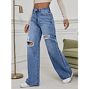 WDIRARA Women's High Waist Ripped Wide Leg Baggy Jeans Distressed Denim Pants Medium Wash S