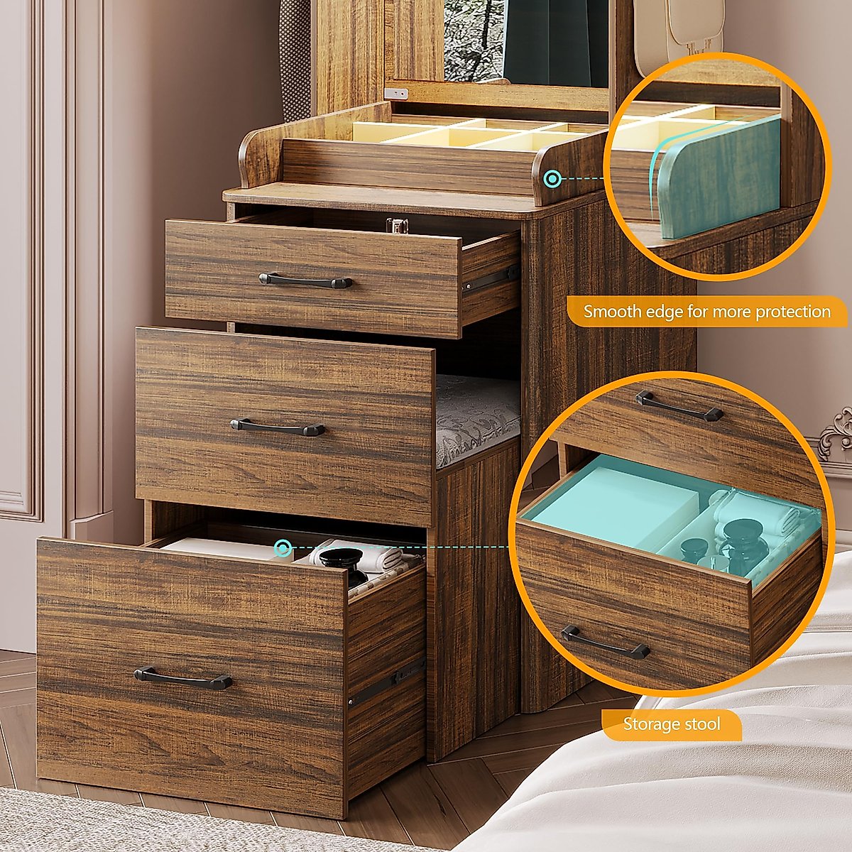 Vlsrka 70" H Vanity Desk with Flip Top Mirror, Small Vanity Desk with Mirror and Lights, Compact Vanity with Hidden Chair, Drawers, Power Outlet, Vanity Dressing Table for Small Spaces, Brown