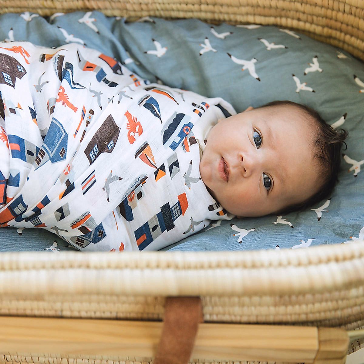 Bebe au Lait Nautical Seagulls Oh-So-Soft Muslin Swaddle Blankets, Blue, One Size (SWBBNT)