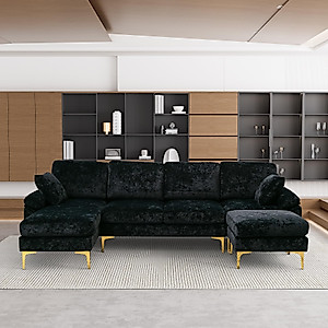 OUYESSIR U-Shaped Sectional Sofa Couch, 4 Seat Sofa Set for Living Room, Convertible L-Shaped Velvet Couch Set with Chaise Lounge, Ottoman and Pillows,114 inches (Black)
