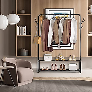 Simple Houseware Garment Rack with Storage Shelves and Coat/Hat Hanging Hooks