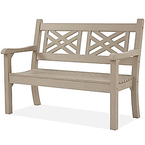 Marcytop 49''W Outdoor Bench, All-Weather Poly Lumber Garden Bench with Decorative Backrest and Curved Armrests, 2-Person Patio Bench Anti-Fade for Porch, Backyard, and Park, Grey