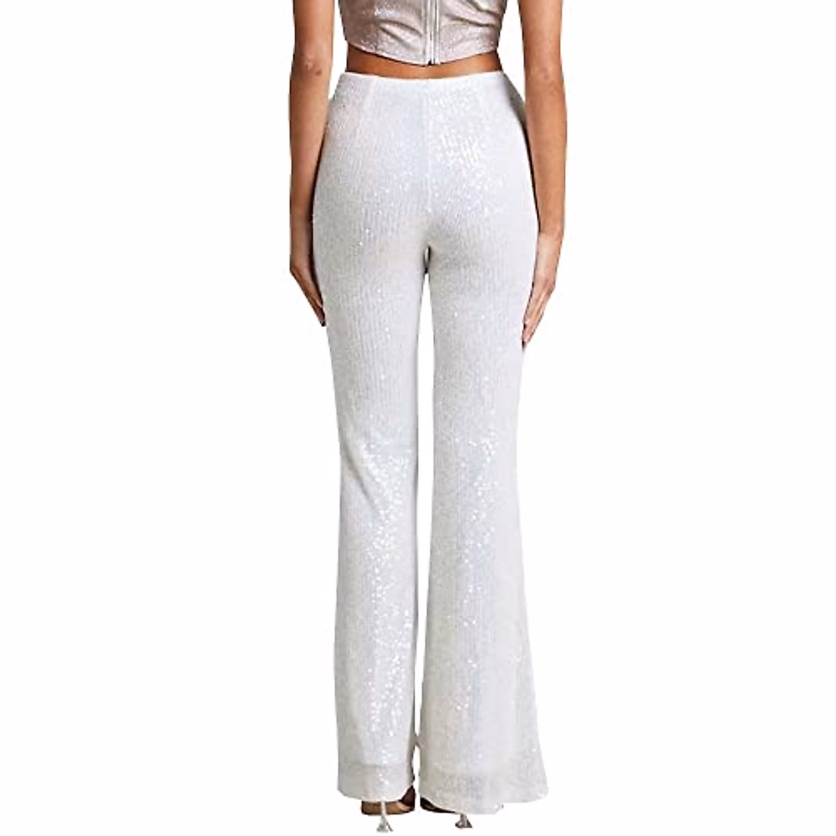 Sequin Flared Pants for Women High Waisted Loose Sparkly Wide Leg Disco Rave Pants Silver XL