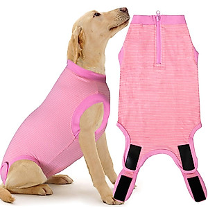 Wabdhally Dog Surgery Recovery Suit,Surgical Suit for Large Female Spay,Soft Combed Cotton,Watermelon Pink Striped Zipper Onesie XL