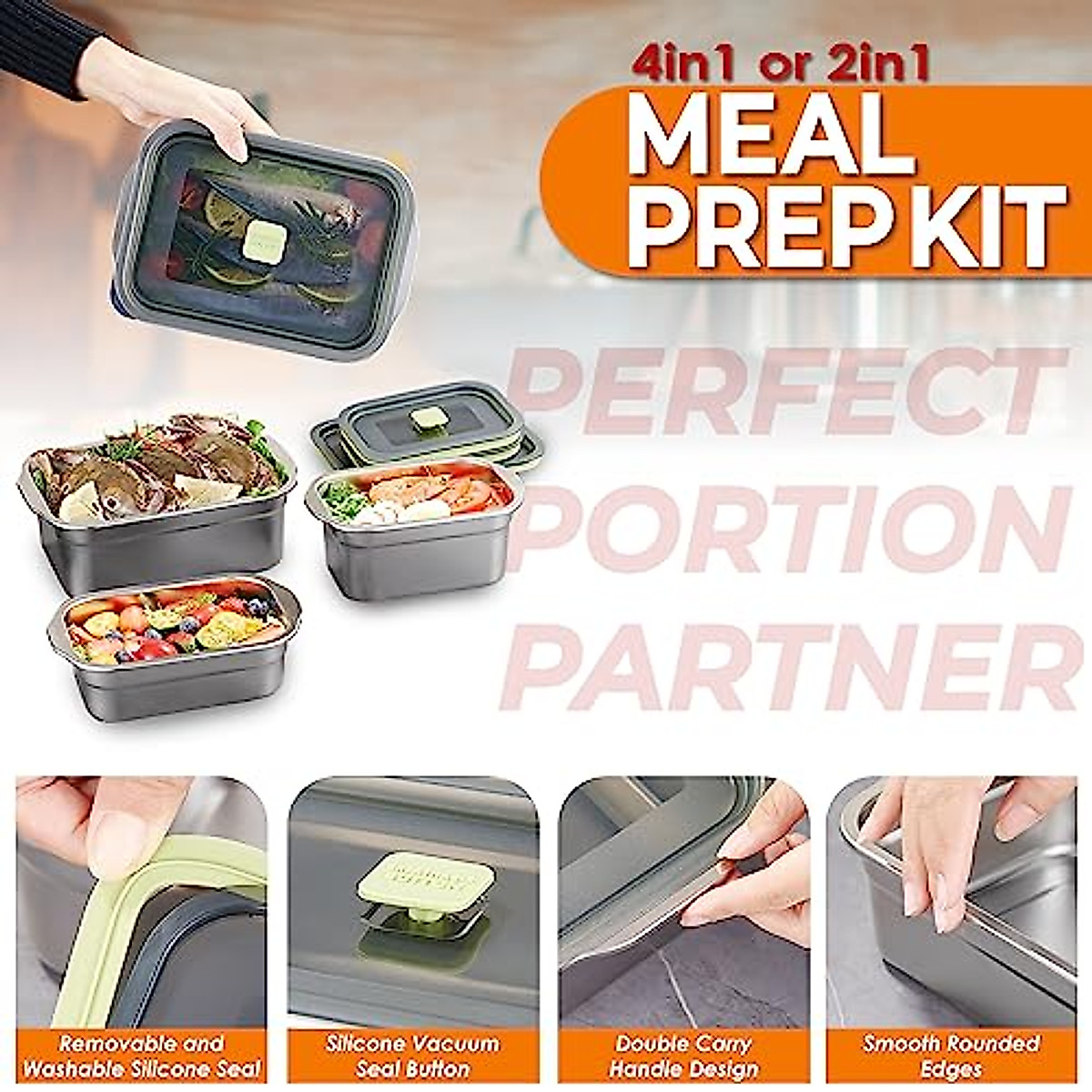 SUBRON 2Pcs Stainless Steel Food Storage Containers with Airtight Lids Set, Stackable Leak Proof Metal Lunch Bento Box Dishwasher & Freezer Safe (51+64oz