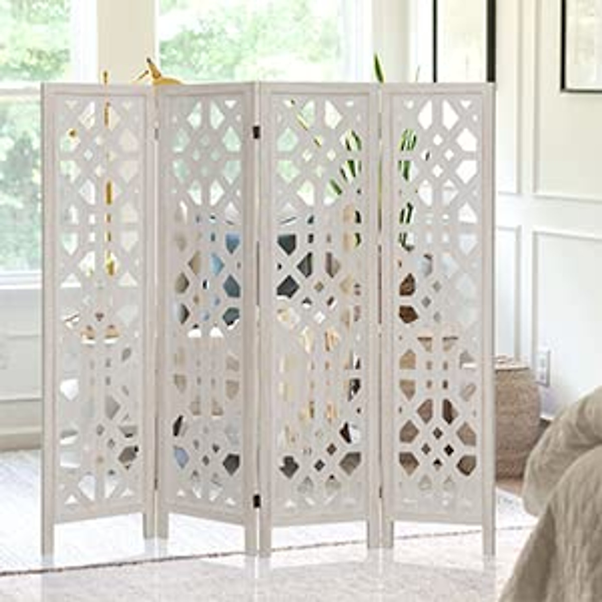 White Room Divider 4 Panel Cutout Room Divider and Folding Privacy Screens 5.6ft Temporary Wall Dividers Room Separator Free Standing Room Dividers for Home Office Restaurant Bedroom