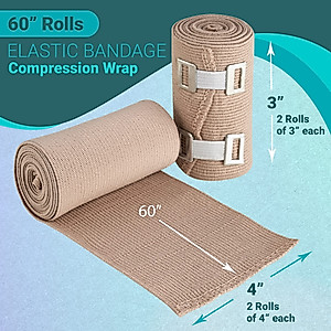 Elastic Compression Bandage Wrap - Premium Quality (Set of 4) w/ Hooks, Athletic Sport Support Tape Rolls for Ankle, Wrist, Arm, Leg Sprains First Aid Bandages Measure (2)- 4" x 5 Ft (2)- 3" x 5 Ft
