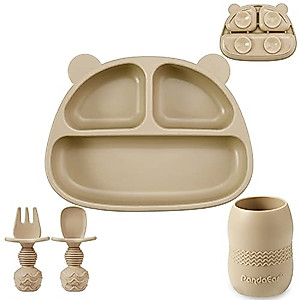 PandaEar Silicone Suction Plate with Tiny Sippy Cup and Spoon Fork for Self-Feeding, Divided Toddler Plate, 100% Silicone Baby Food Plate, BPA Free, Dishwasher Microwave Safe