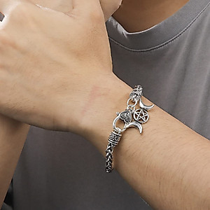 Triple Moon Goddess Amulet Wicca Pentagram Wheat Chain Bracelet for Women Men Pagan Jewelry