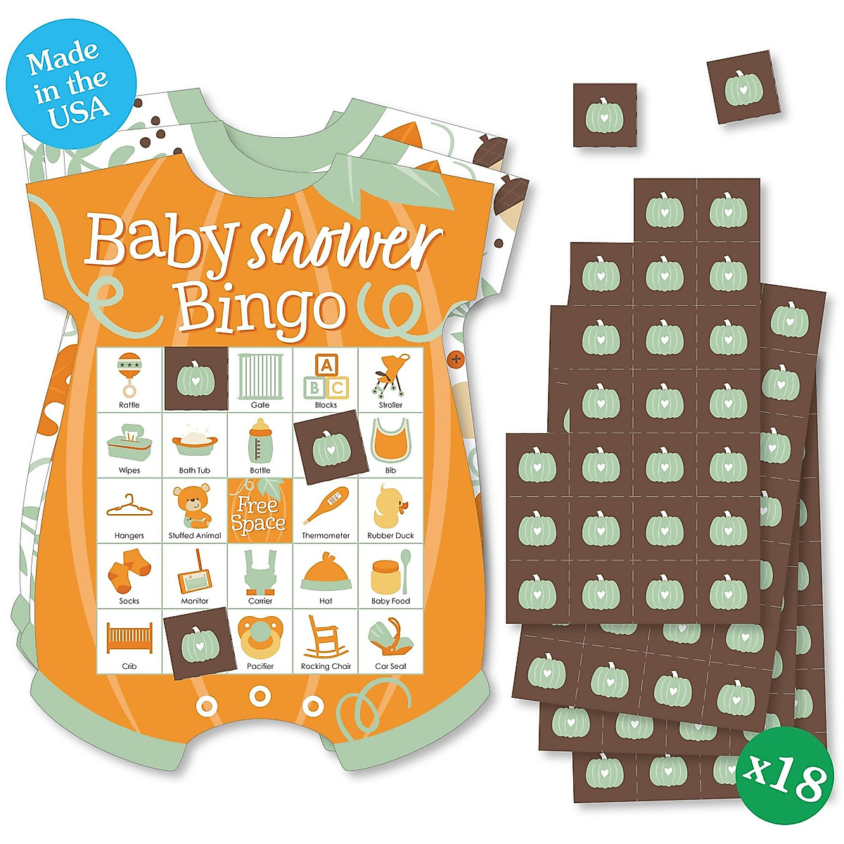Big Dot of Happiness Little Pumpkin Baby Shower Decorations, Fall Baby Shower Games, Picture Bingo Cards and Markers, Fall Baby Shower Shaped Bingo Game - Set of 18