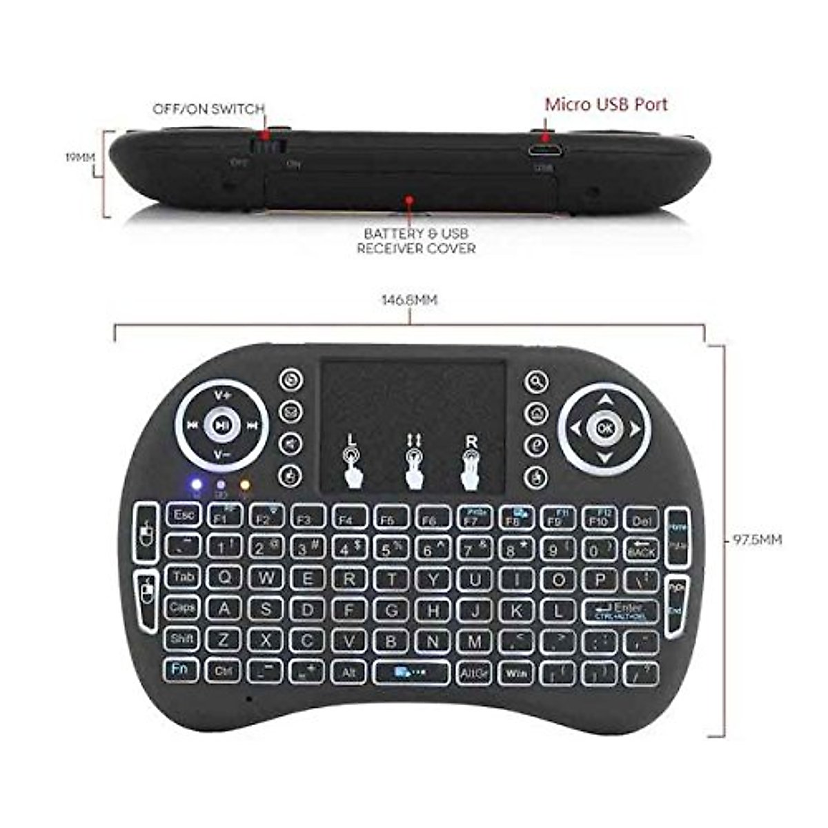 (Upgraded)Rii 2.4GHz Mini Wireless Keyboard with Touchpad,QWERTY,LED Backlit,Portable Keyboard for laptop/PC/Tablets/Windows/Mac/TV/Xbox/PS3/Raspberry Pi .(i8+ Black)
