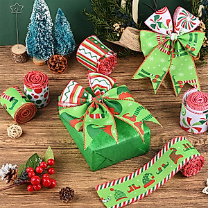 Honic 6 Rolls 30 Yards Christmas Elf Wired Edge Ribbon Elf Hats Legs Multi Dots Stripes Swirl Diagonal Decorative Ribbon for Gift Wrapping Xmas Tree Wreath DIY Crafts