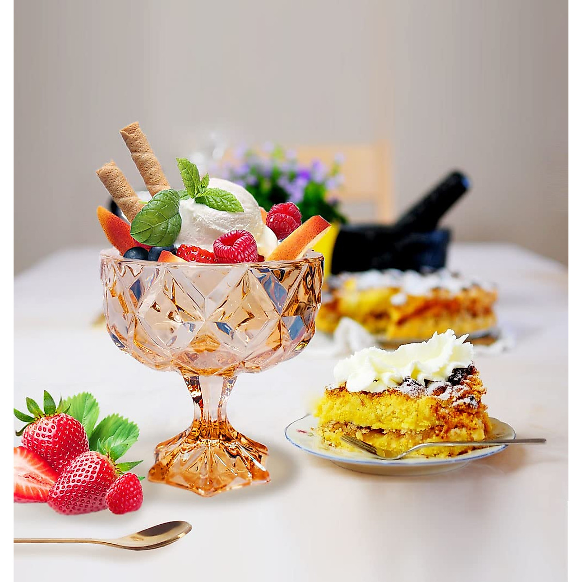 binsakao Amber Glass Dessert Bowls with Spoon, Ice Cream Bowls for Fruit Salad Milkshakes Trifle Pudding Snack Cocktail Drinks Condiment Sundae Party (10 oz, Set of 2)