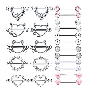 TIANCI FBYJS 11 Pairs Stainless Steel 14G Nipple Rings Nipplerings CZ Heart Tongue Shield Barbell Rings Retainer Body Piercing Jewelry for Women 9/16Inch