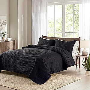 DOWNCOOL Black King Quilt Bedding Set with 2 Pillow Cases - 3 Pieces King Size Quilt Set - Lightweight Soft Bedspread Coverlet Bed Cover for All Season - King Quilt Sets(106"x96")