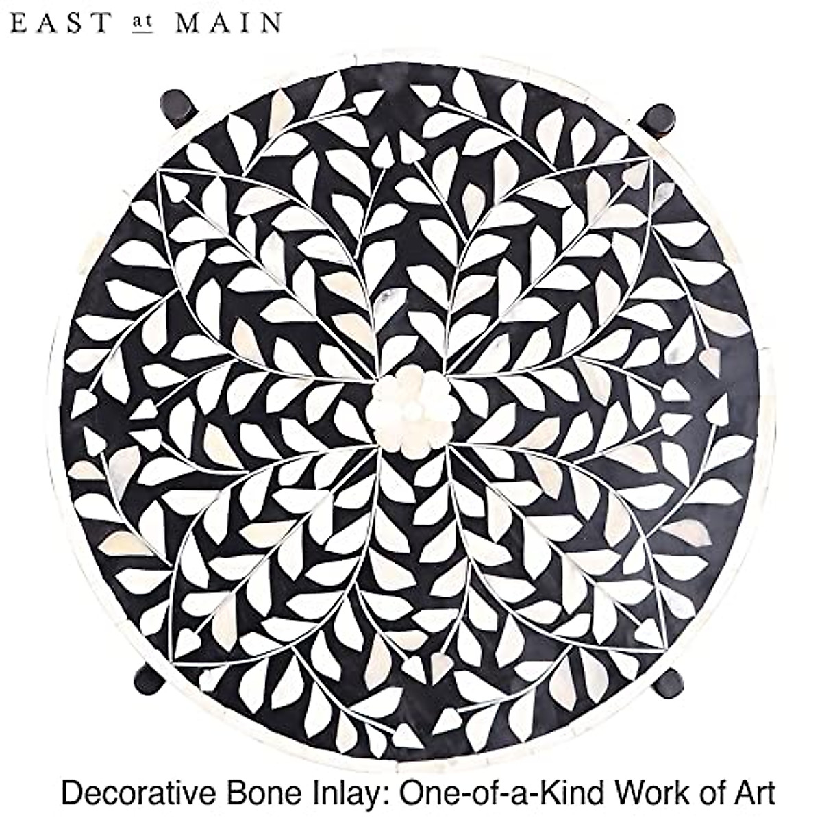 East at Main Round Side Table - 16”w x 20”h Wooden Floral Top, Metal Legs, Handmade Bone Inlay Circular Modern Decor - Collapsible Living Room, Office Farmhouse, Industrial Cocktail Furniture, Black
