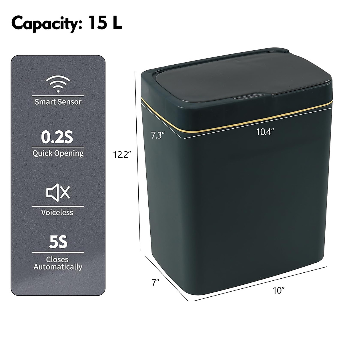 Obstnny Motion Sensor Garbage Can with Automatic Lid, 15 L Plastic Touchless Trash Can, Green