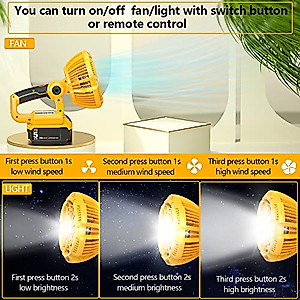 WaxPar For Dewalt Fan Cordless Camping Fan for Dewalt 20V Lithium Battery, USB Floor Fan Battery Operated Fan with 9W LED Light, Remote, 4H Timer Portable Tent Fan for Jobsite, Hiking, Fishing
