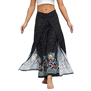 Lu's Chic Women's Palazzo Gaucho Flowy Yoga Pant Boho Flowy Split Side Slit Wide Leg Bohemian Slitted Summer Beach Long Lounge Bottoms Elastic Waist Hippie Print Printed Patterned2 Small-Medium
