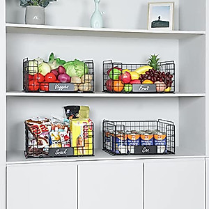 4 Pack XXL Stackable Wire Baskets with Handles for Pantry Storage and Organization,Fruit and Vegetable Basket with Name Plates,Metal Storage Bins for Snack Can Fruit Veggies