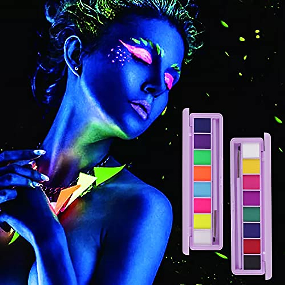 MEICOLY 2 Packs Water Activated Eye Liner Palette,Neon Face Paint Colored Retro Hydra Liner,Water Activated Eyeliner,Matte Graphic Eyeliner,UV Blacklight Glow Black White Face Body Paint,16 Colors