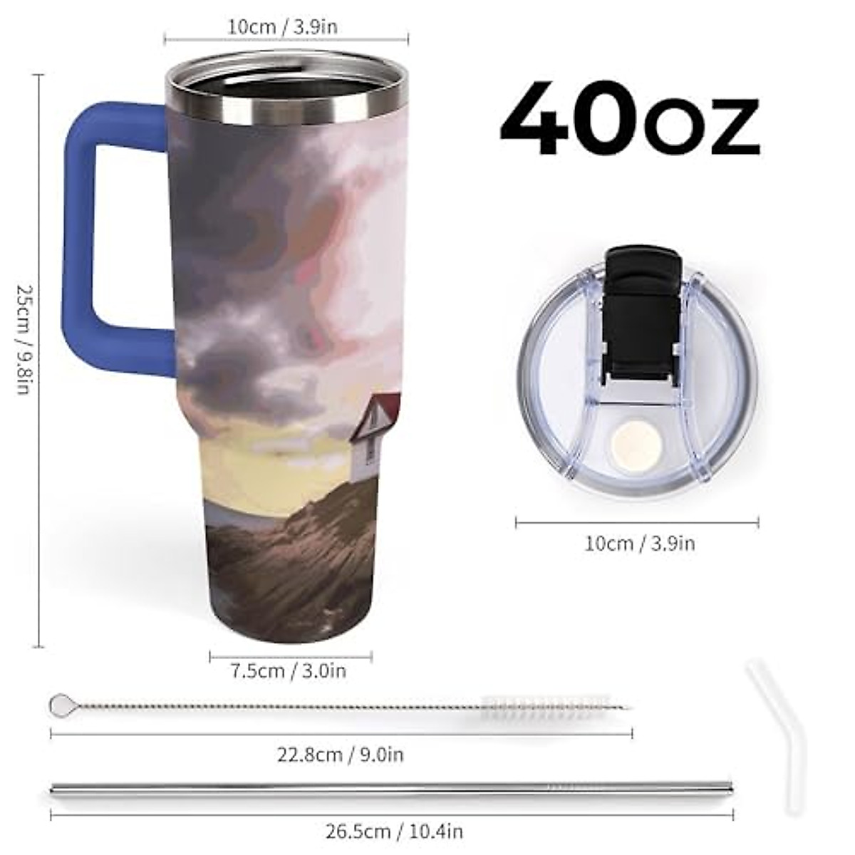 LLUTSNTH 40 Oz Vacuum Tumbler with Deep Blue Handle Leakproof Insulated Tumbler Lighthouse Stainless Steel Travel Mug with Lid And Straw Coffee Cup Cute Water Bottles Cup Holder Friendly