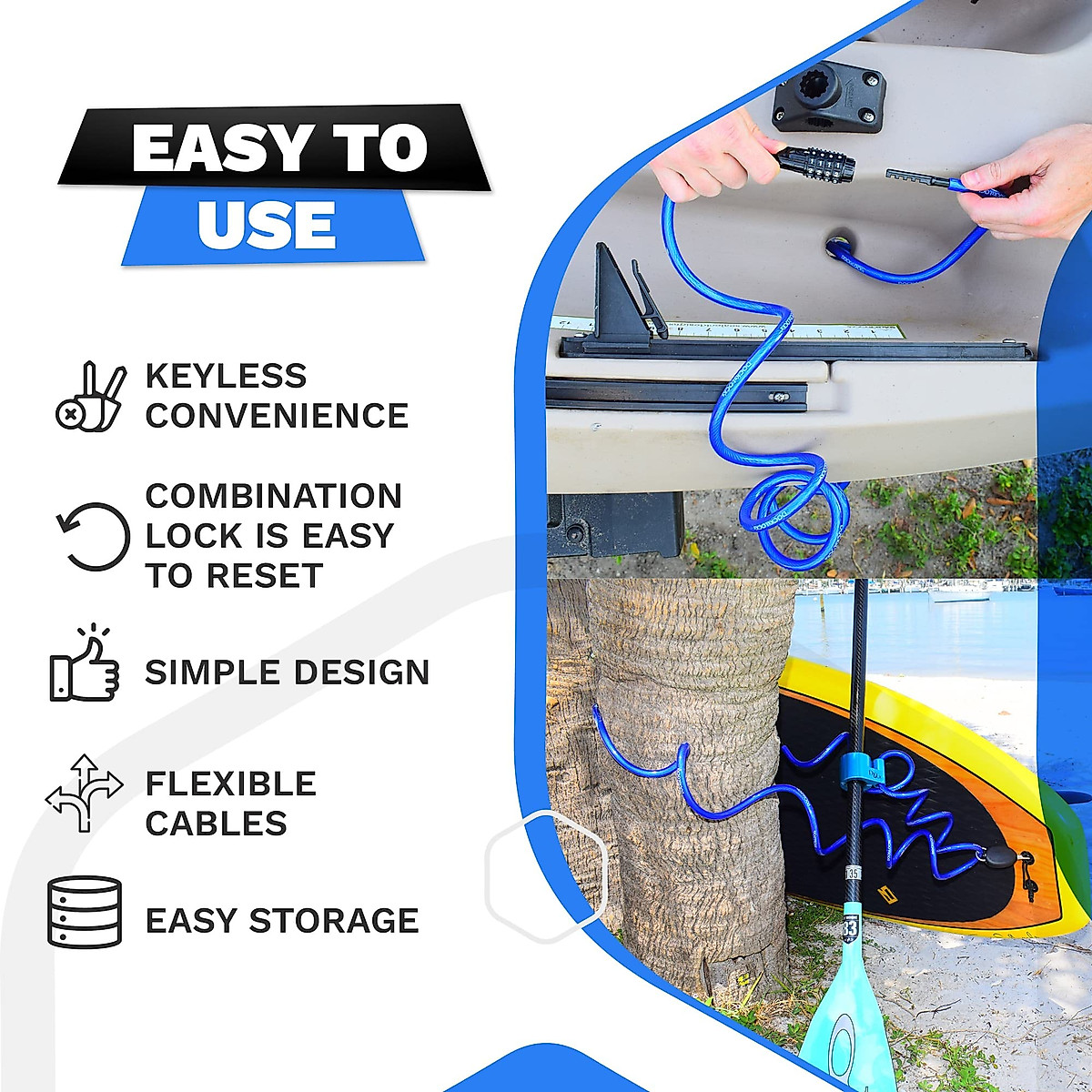 DocksLocks Weatherproof Coiled Security Cable Lock (5ft to 25ft Lengths) with Resettable Combination, Anti-Theft Protection for Kayaks, Bikes, Paddleboards, Scooter, Equipment, Bicycles and More 15ft