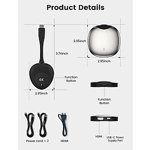 4K Ultra HD Wireless HDMI Transmitter and Receiver 4K, Support 4K@60Hz 2.4/5GHz HD Extender Converter Adapter Plug and Play Streaming Video/Audio from PC/Laptop/Smartphone to HDTV/Projector