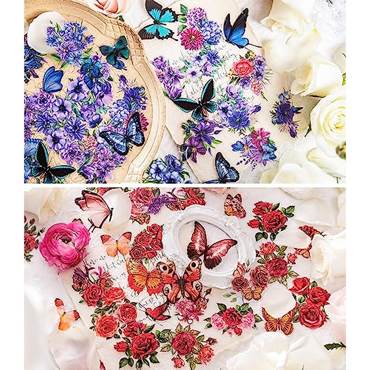 Knaid 300 Pieces Assorted Butterfly and Flower Stickers, Transparent Butterflies Floral Resin Decals Aesthetic Journaling Scrapbook Stickers for Card Making Bullet Junk Journal Planner Craft Supplies