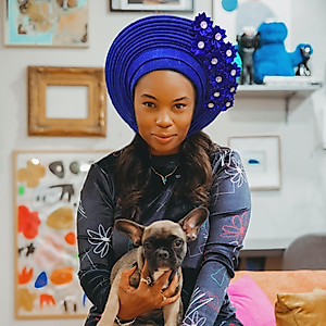 QliHut Fashion Nigerian Gele Headties With Stones Women Head Wrap Beaded Lace Already Made Auto African Headtie For Party (Royal Blue)