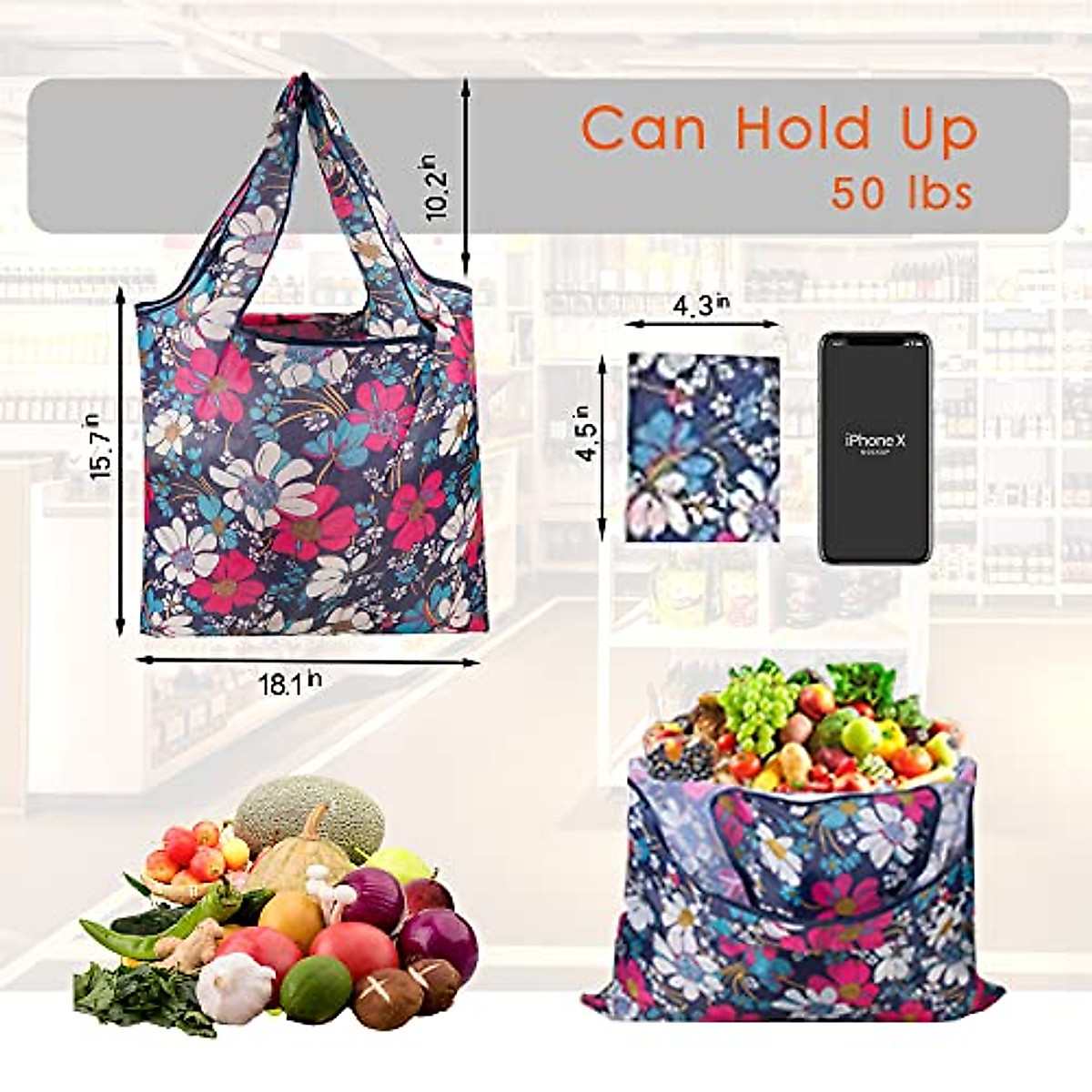 xfyoeg 6 Pack Reusable Shopping Bags for Groceries, Foldable Grocery Bags Washable Sturdy Large Nylon Tote BagsLightweight Durable
