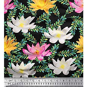 Soimoi Black Cotton Canvas Fabric Leaves & Water Lily Floral Print Print Fabric by The Yard 44 Inch Wide