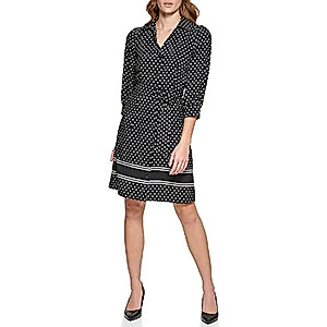 Karl Lagerfeld Paris Women's Paris Printed Cotton Shirt Dress, Black w/Soft White Details, 14