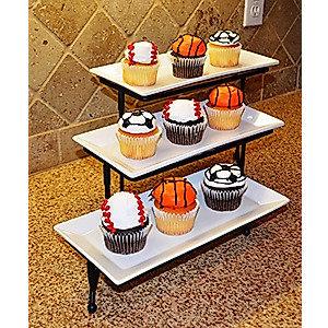 Partito Bella 3 Tier Swiveling Plate Rack Stand Including Three 12x6 Pro-Grade Porcelain Platters for Presentations of Any Kind – Thicker Sturdier Collapsible Stand and Stackable Platters