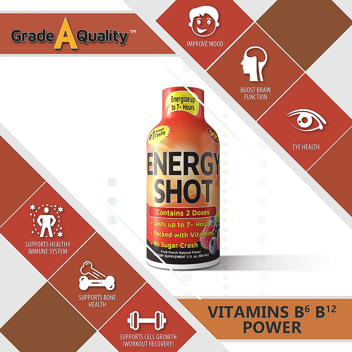 Grade A Quality Shots, Fruit Punch Flavor, Up to 7+ Hours of Energy, 1.93 Fl Oz, 12 Count