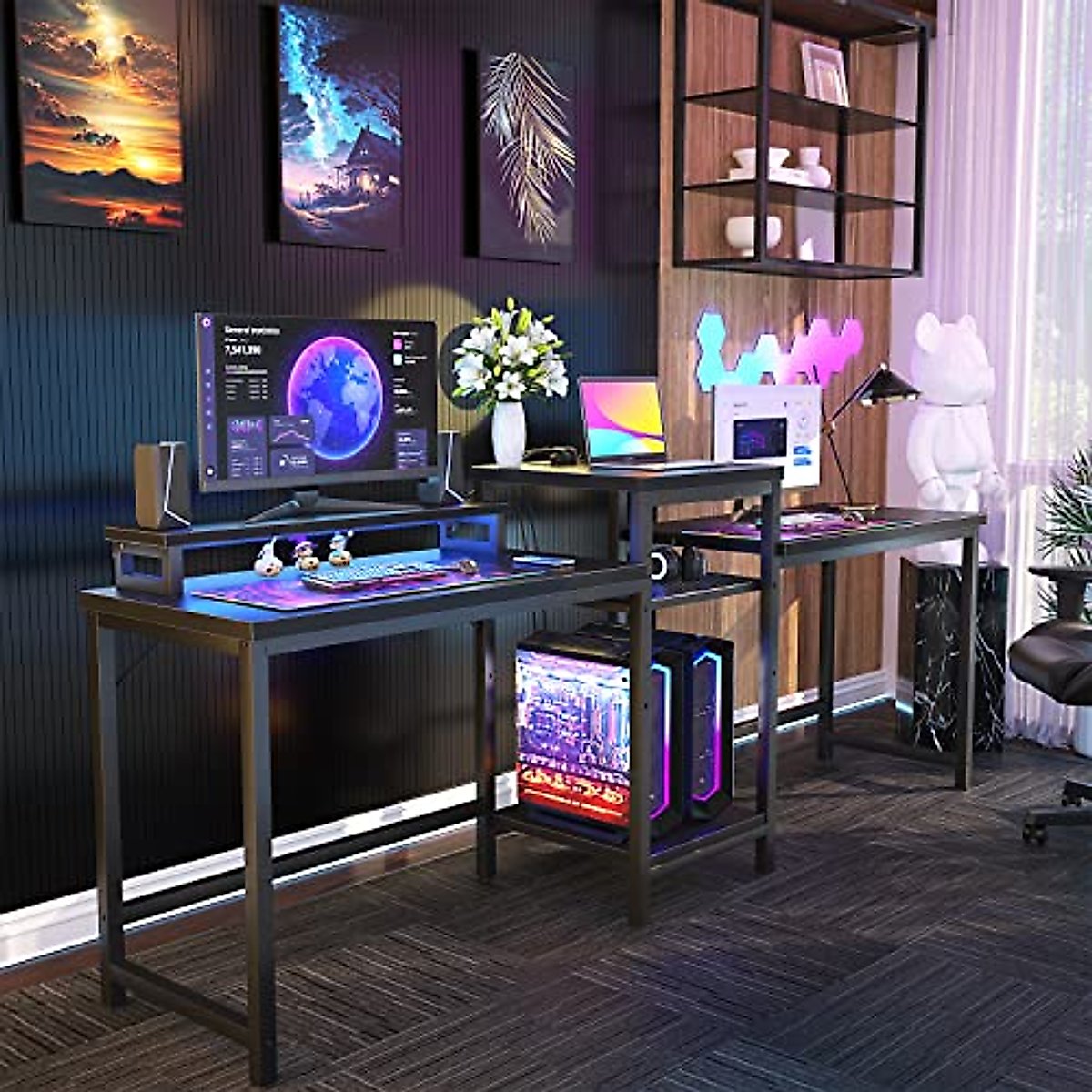 Unikito 2 Person Computer Desk with LED Light and Power Outlet, Double Gaming Desk, Large Workstation with Storage and Printer Stand, Long Desk, Office Work Desk with Shelf, Writing Study Table, Black