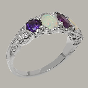 LBG 925 Sterling Silver Natural Amethyst & Opal Womens Band Ring - Size 12