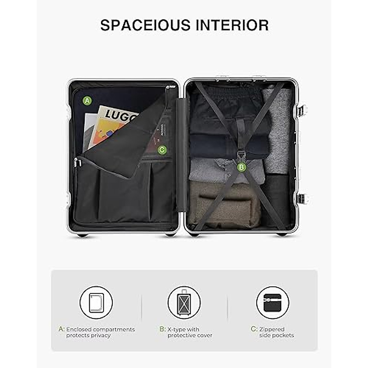 LUGGEX Carry On Luggage with Aluminum Frame, Polycarbonate Zipperless Luggage with Wheels, Black Hard Shell Suitcase 4 Metal Corner