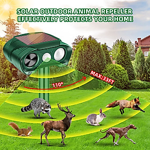 Upgraded Solar Deer Repellent Devices for Garden,2 Pack Ultrasonic Animal Repeller Outdoor with Motion Sensor to Scare Away Raccoon Cat Rabbit Squirrel Dog Skunk,Animal Deterrent for Yard Protection