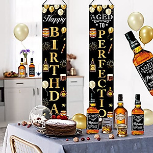 Whiskey Happy Birthday Door Banner Decorations for Men, Black Gold Whiskey Themed Happy Birthday & Aged to Perfection Party Sign Supplies, Cheer and Beer Themed Happy Birthday Photo Booth Props Decor for Indoor Outdoor