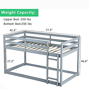 Anwick Twin Over Twin Low Bunk Bed with Stairs and Rails, Wooden Bunk Beds Frame with Safety Guardrail and Slats for Toddlers, Kids, Teens, Boys, Girls, Noise-Free (Grey)